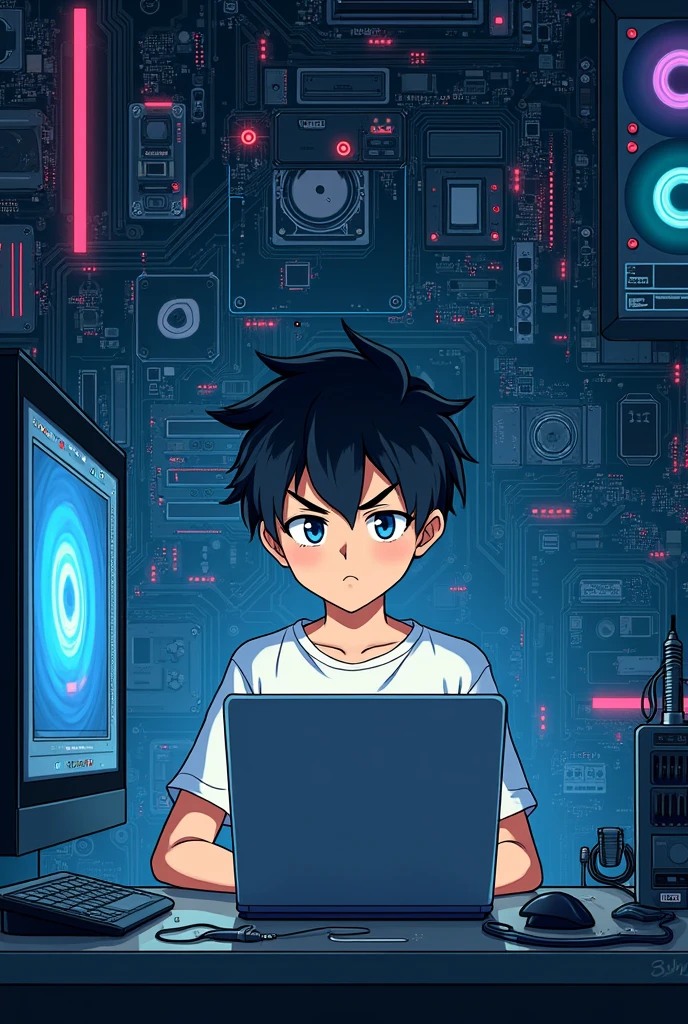 Anime boy maintenance computer and laptop with background full ...