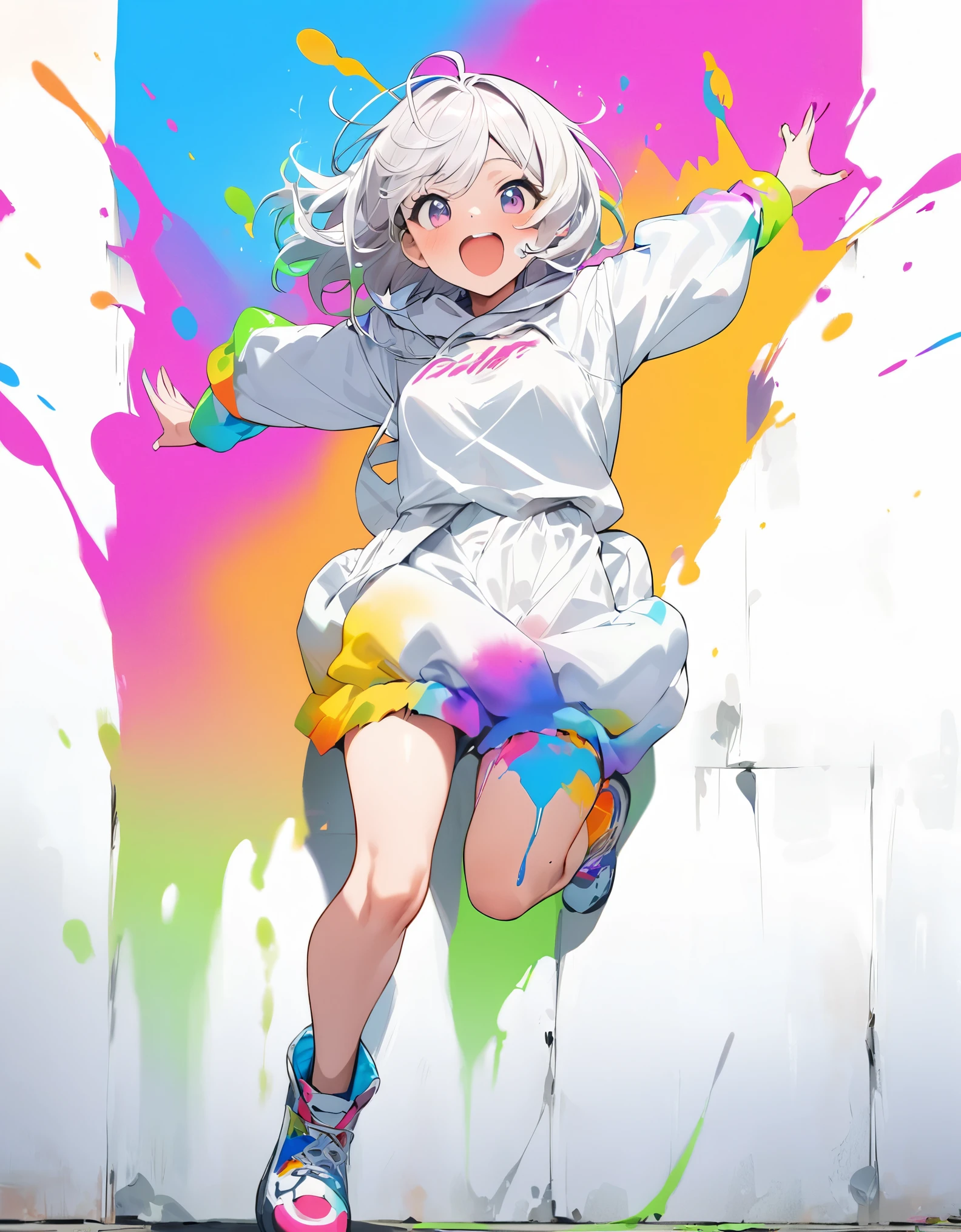 Anime girl jumping in the air with colorful paint on her face - SeaArt AI