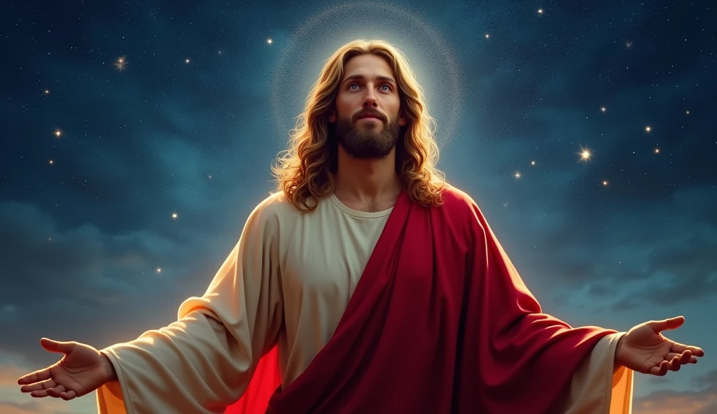 Jesus standing before a starry night in a red robe, Portrait of Jesus ...
