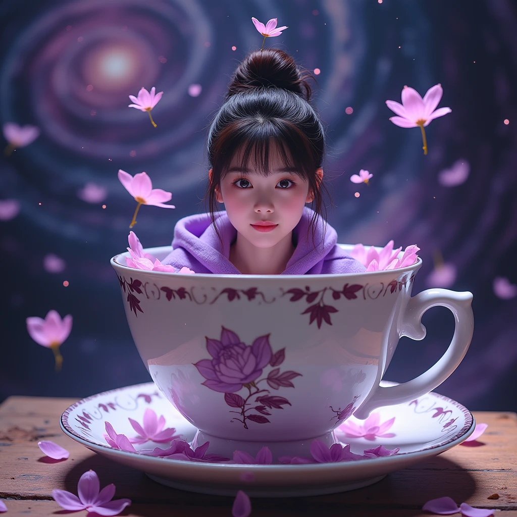 Realistic Photo of cosmic tea with elegant porcelain cups placed on a ...