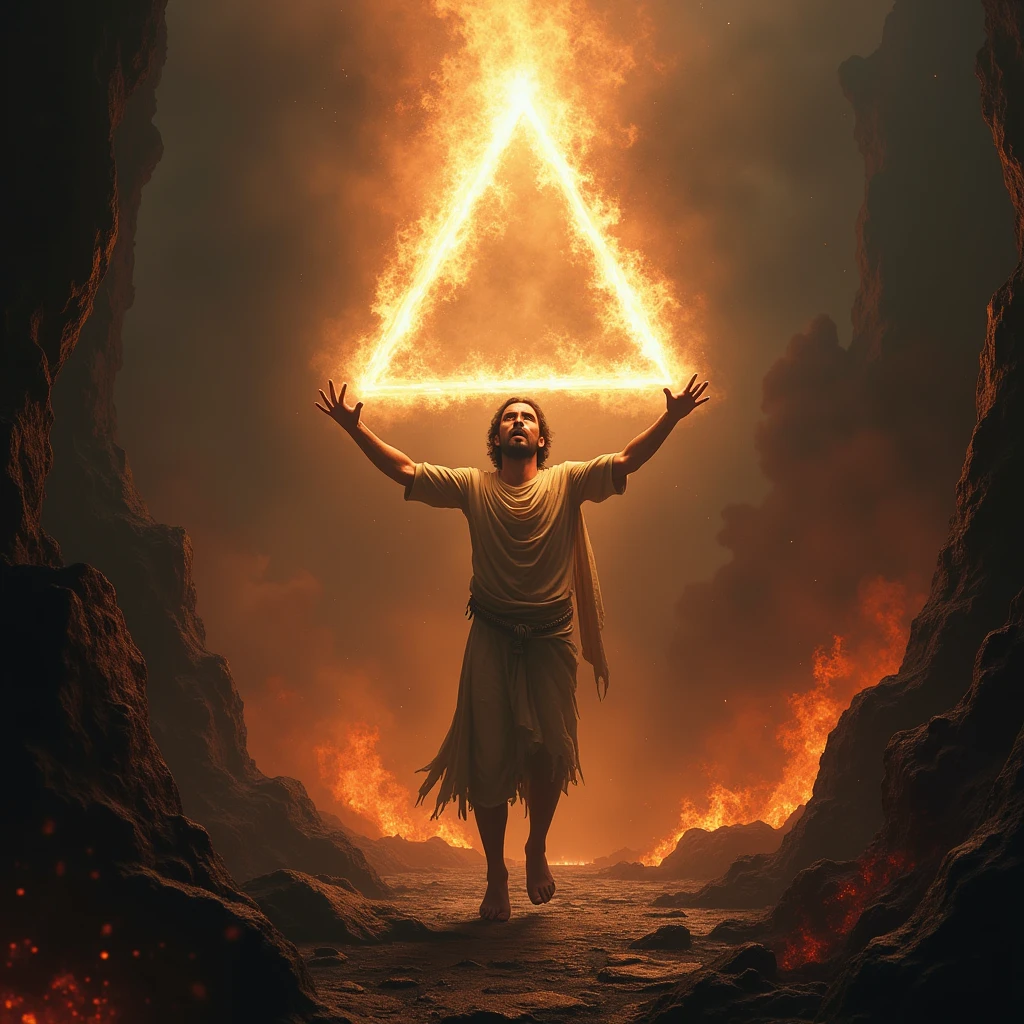 Man in the middle of hell being saved by the triangle - SeaArt AI