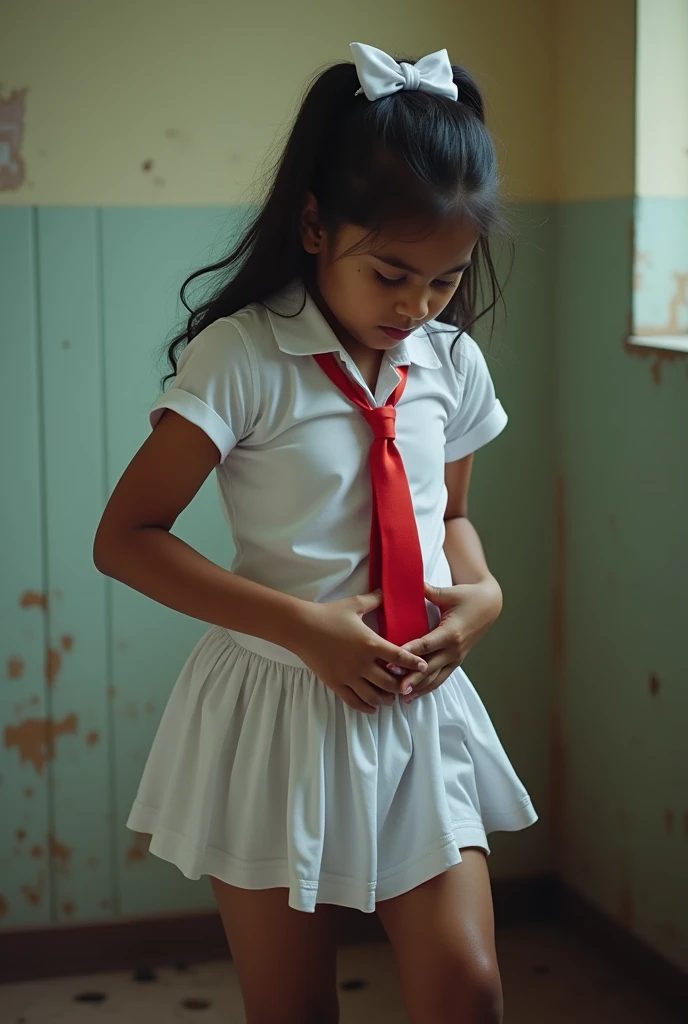A sri lankan school girl in a tight short white dress, red tie - SeaArt AI