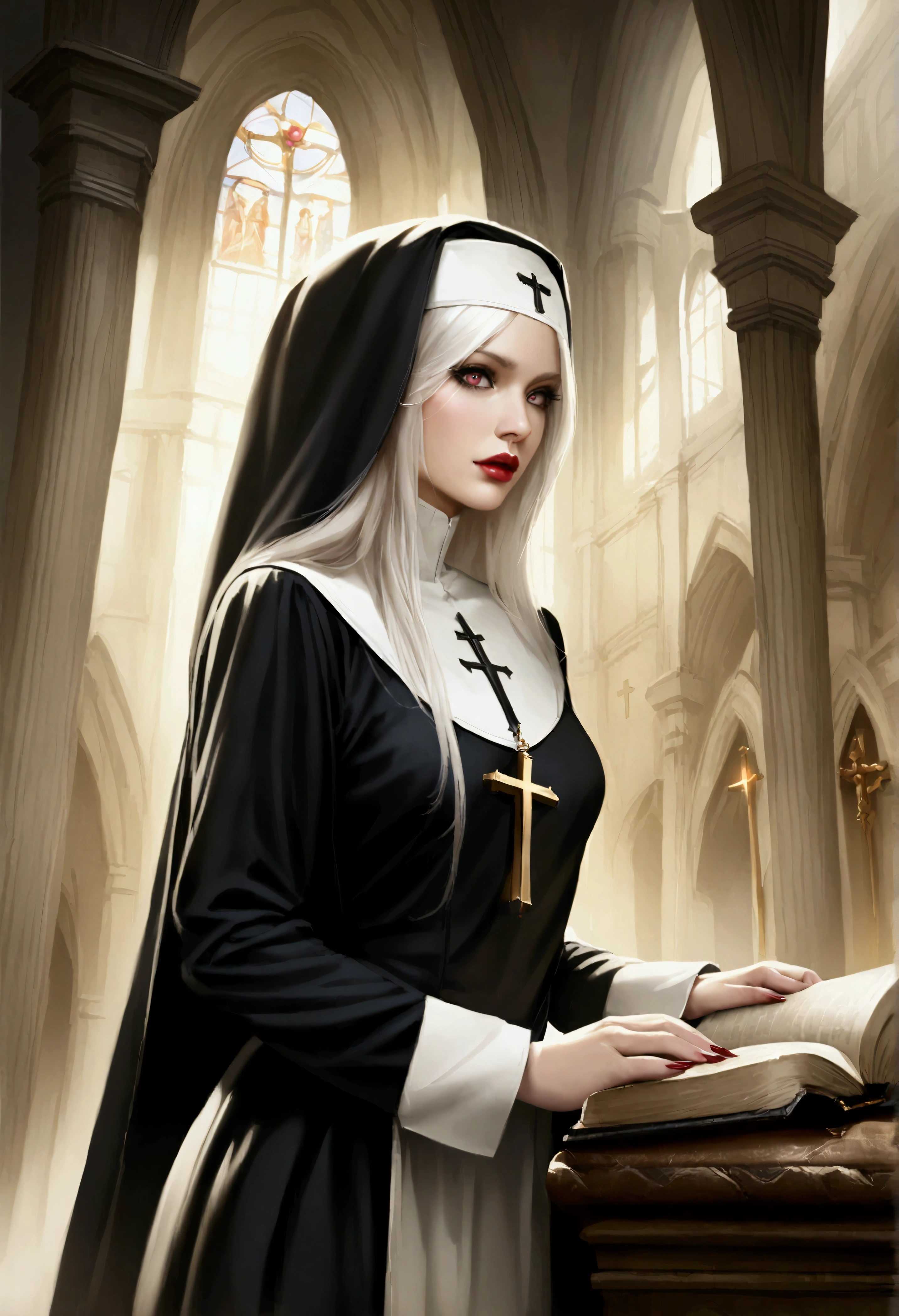 Nun reading a book in a church with a stained window - SeaArt AI