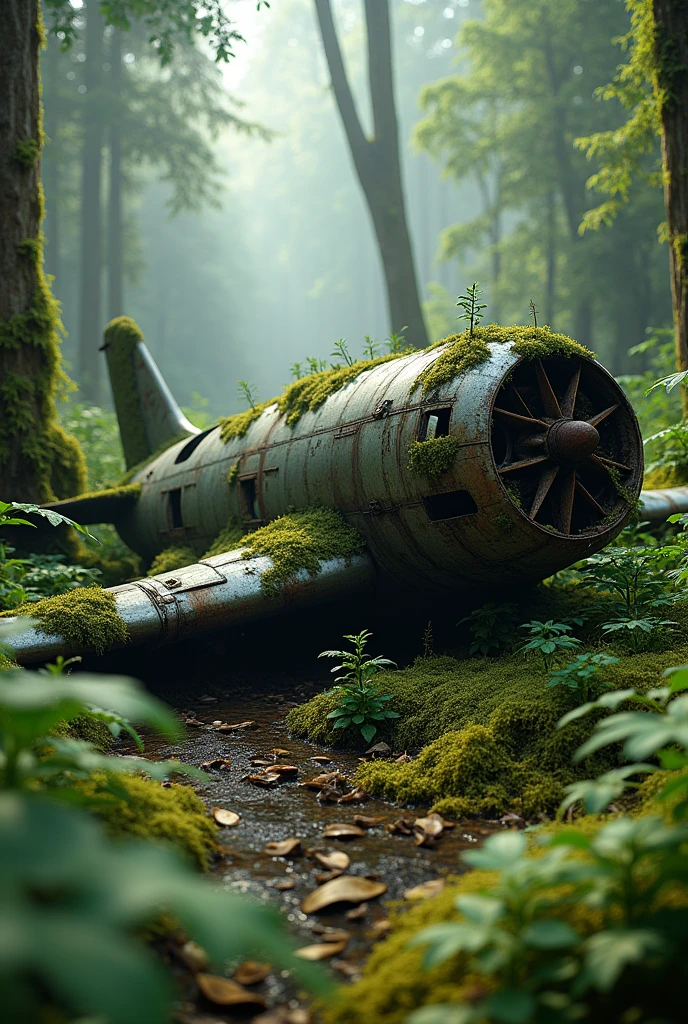 Plane carcass spat into a mossy forest - SeaArt AI