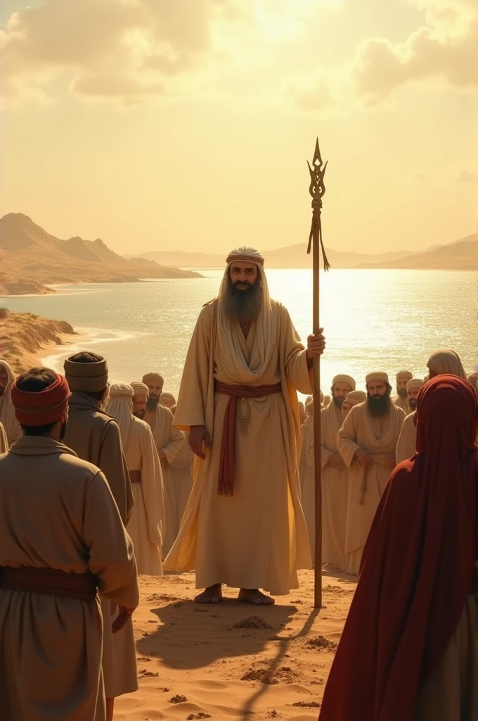 A wide desert landscape with Prophet Musa (pbuh) standing by the shore ...