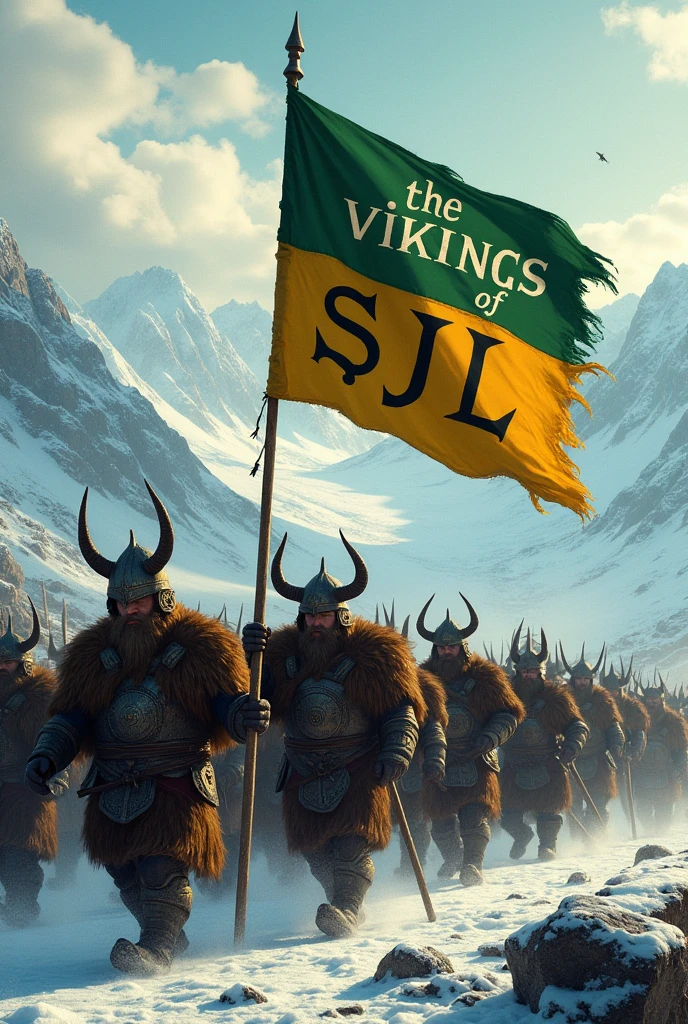 Group of vikings, on the way to winning the battle, holding a green and ...