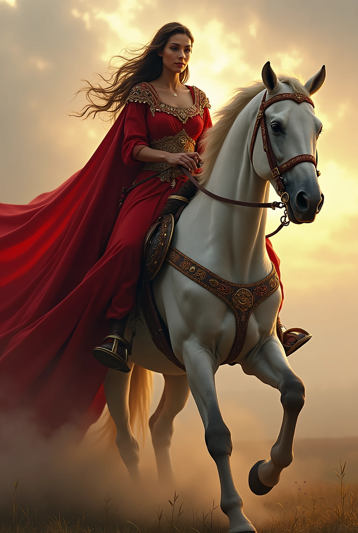 Woman in red riding a white horse in a field - SeaArt AI