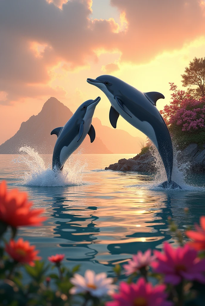 Image of real dolphins jumping at sunset around an island full of ...