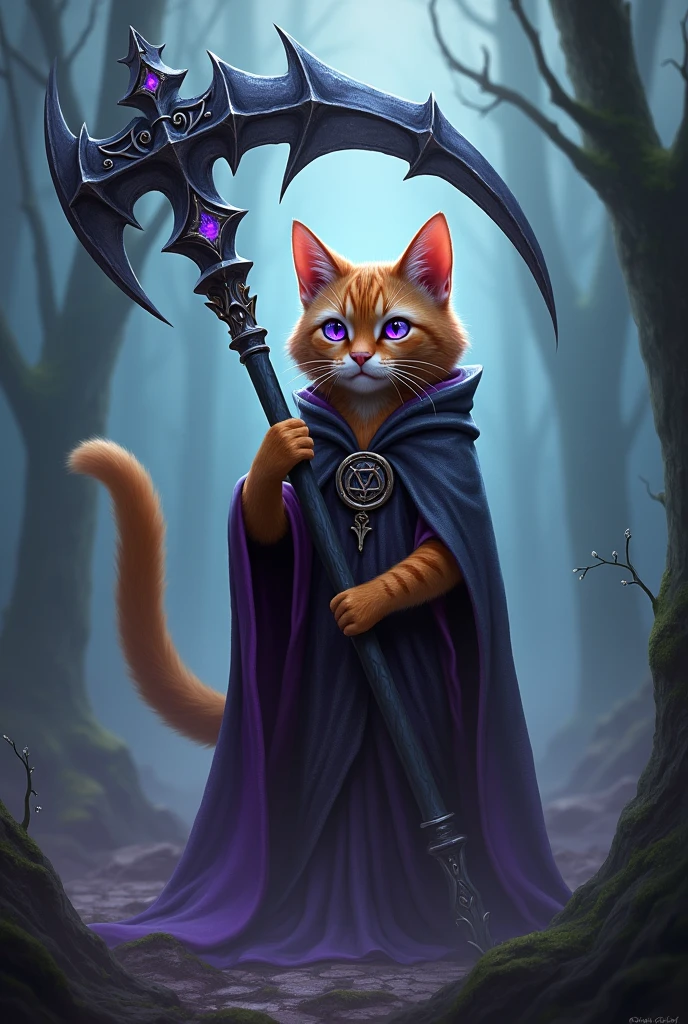A cat with a scythe and brown hair and bright purple eyes - SeaArt AI
