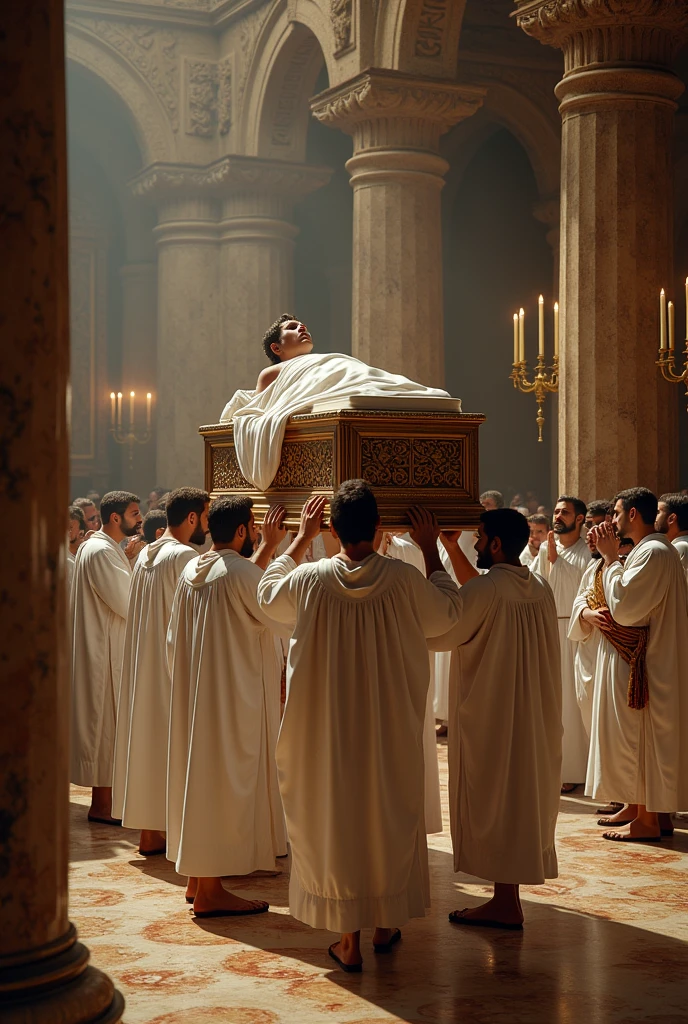 Alexander the Great at his wake being carried in his coffin by his ...