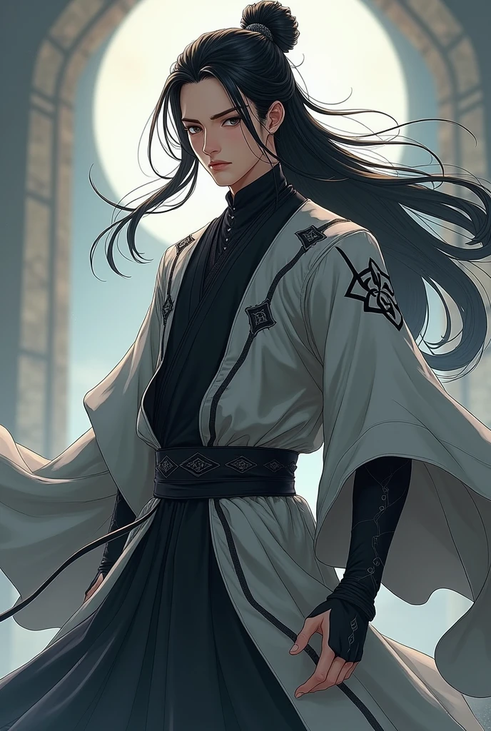 Make a murim manhwa character, with long black hair, has black eyes ...