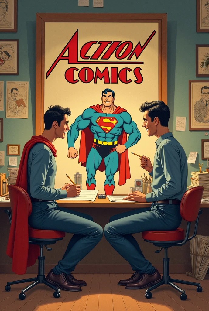"A retro-style illustration of Jerry Siegel and Joe Shuster in their ...