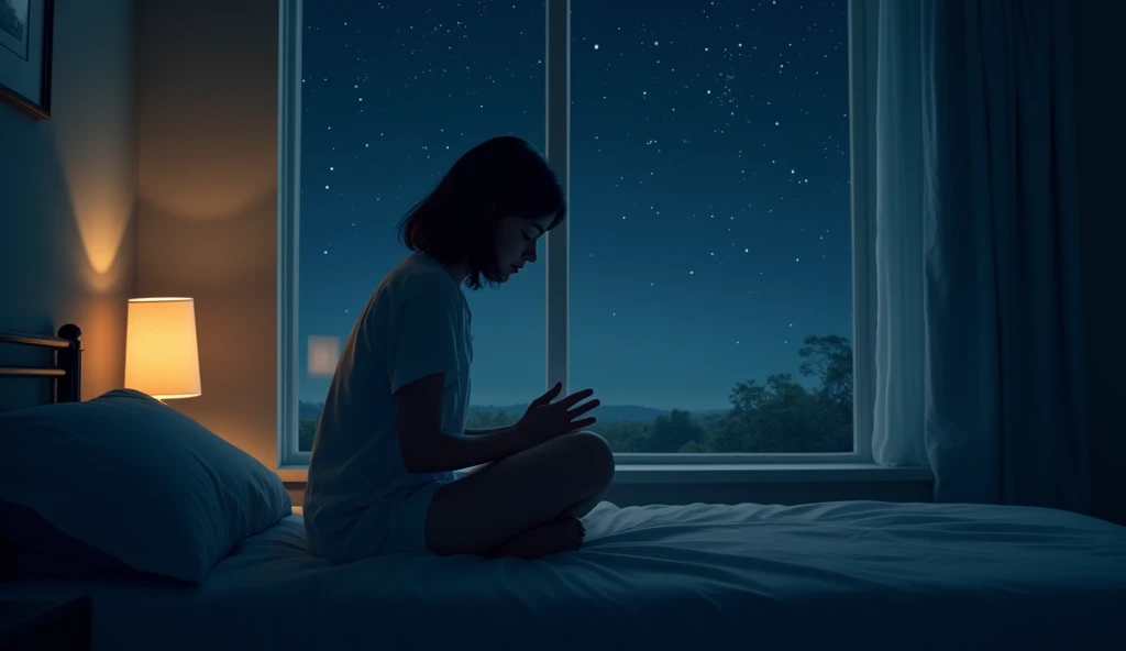 In a silent room, dimly lit by the soft light of a lamp, a person sits ...