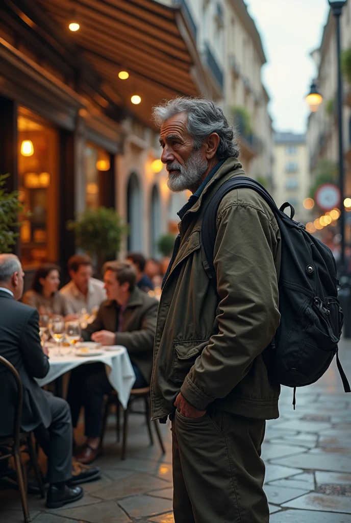 Un homme sdf regardant les gens manger sur la terrasse d’un restaurant ...