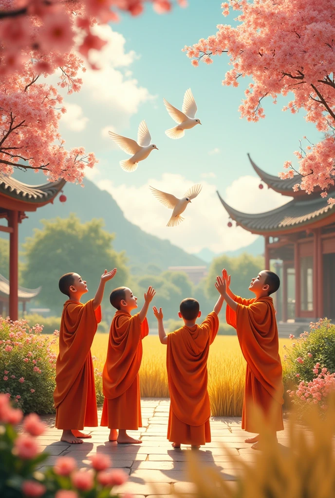 Realistic anime. Four young Vietnamese monks are releasing many doves ...