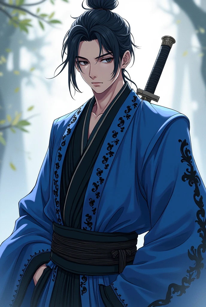 Make a murim manhwa character, blackw, tem olhos blackws, he is wearing ...