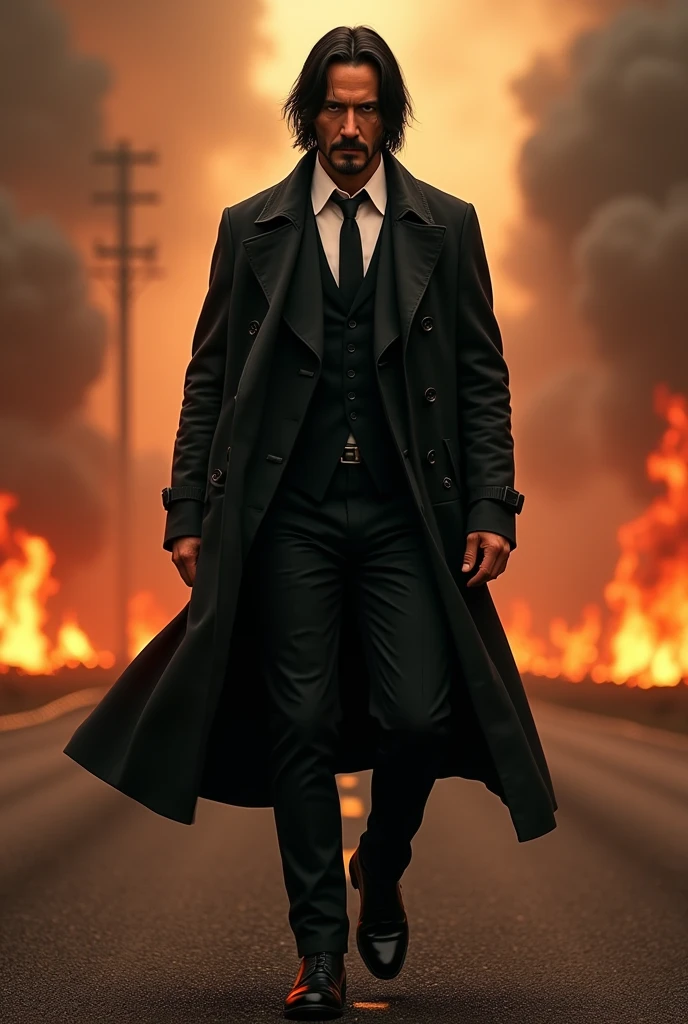 Keanu Reeves with shoulder length black hair wearing black Trench coat ...