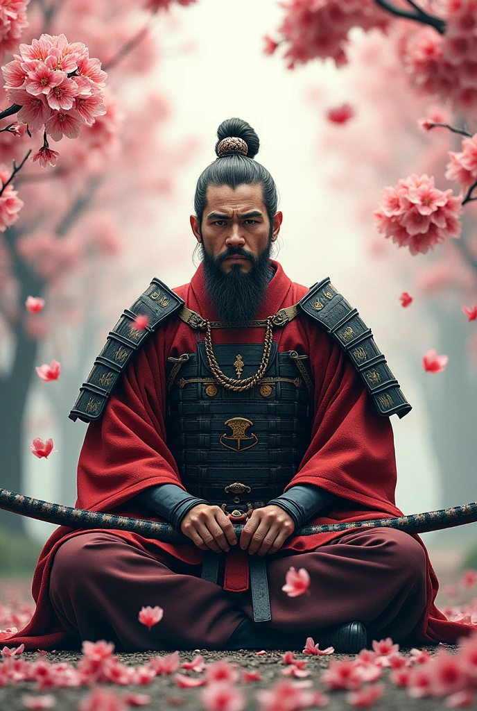 Samurai,warrior,Japanese,male,seiza,Background cherry blossom - SeaArt AI