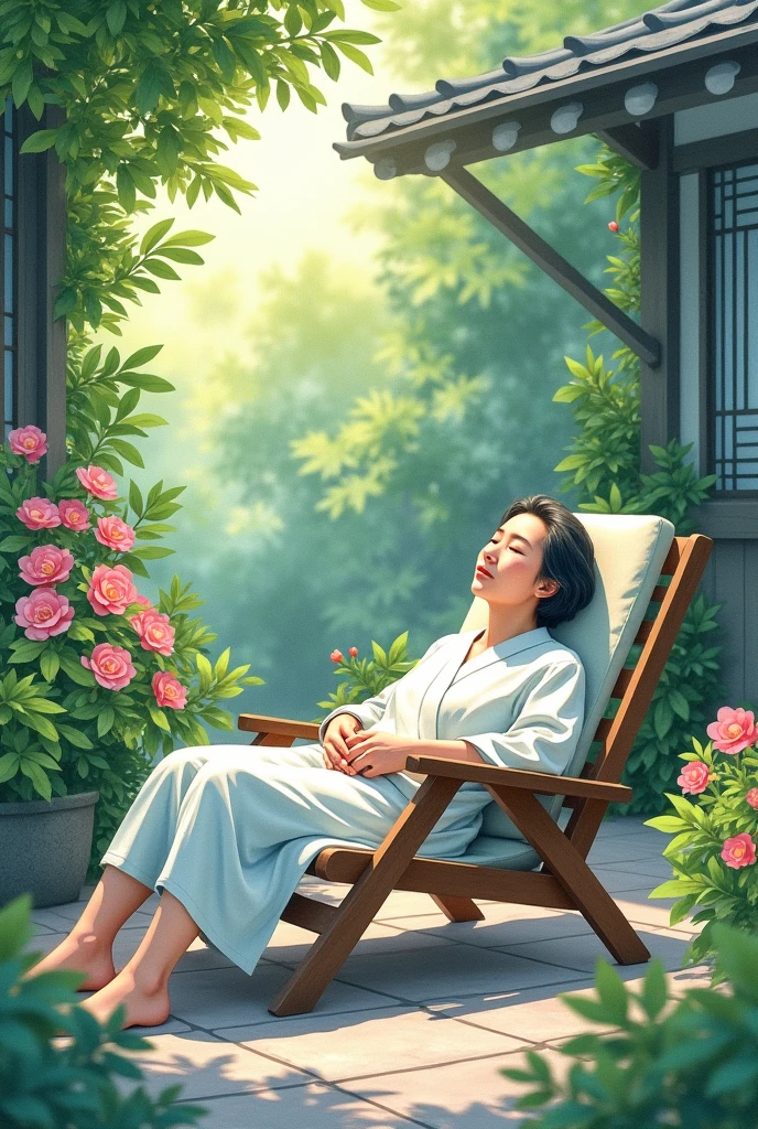 A middle-aged Japanese woman dozing off in a deck chair, bathed in ...