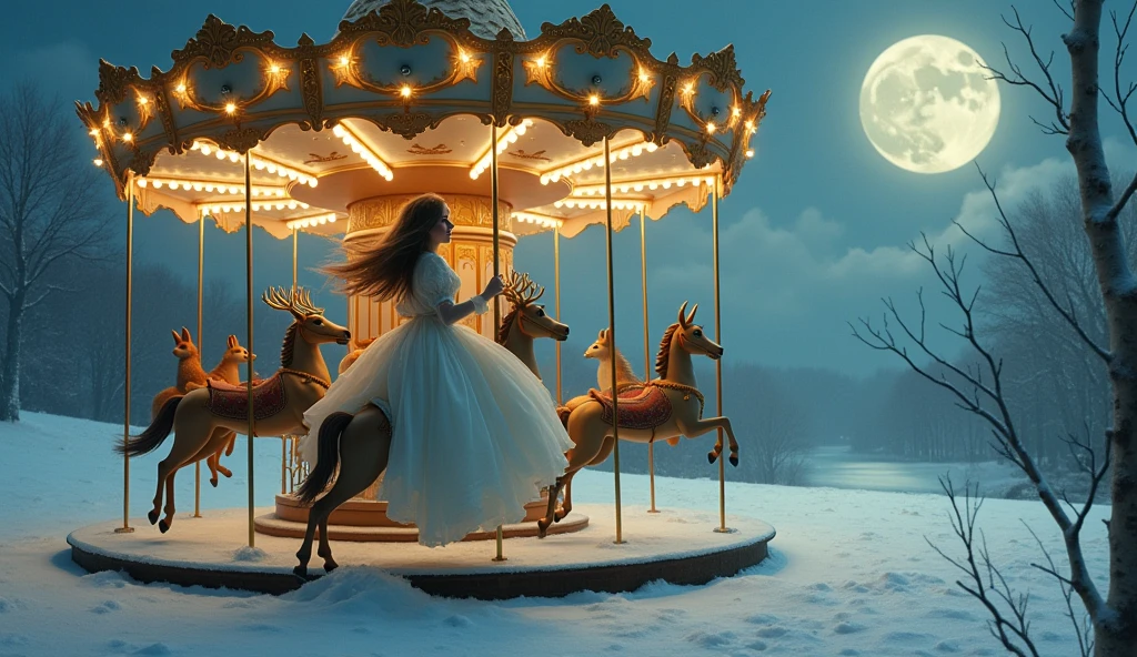 A whimsical scene of a vintage carousel in the middle of a snowy field ...