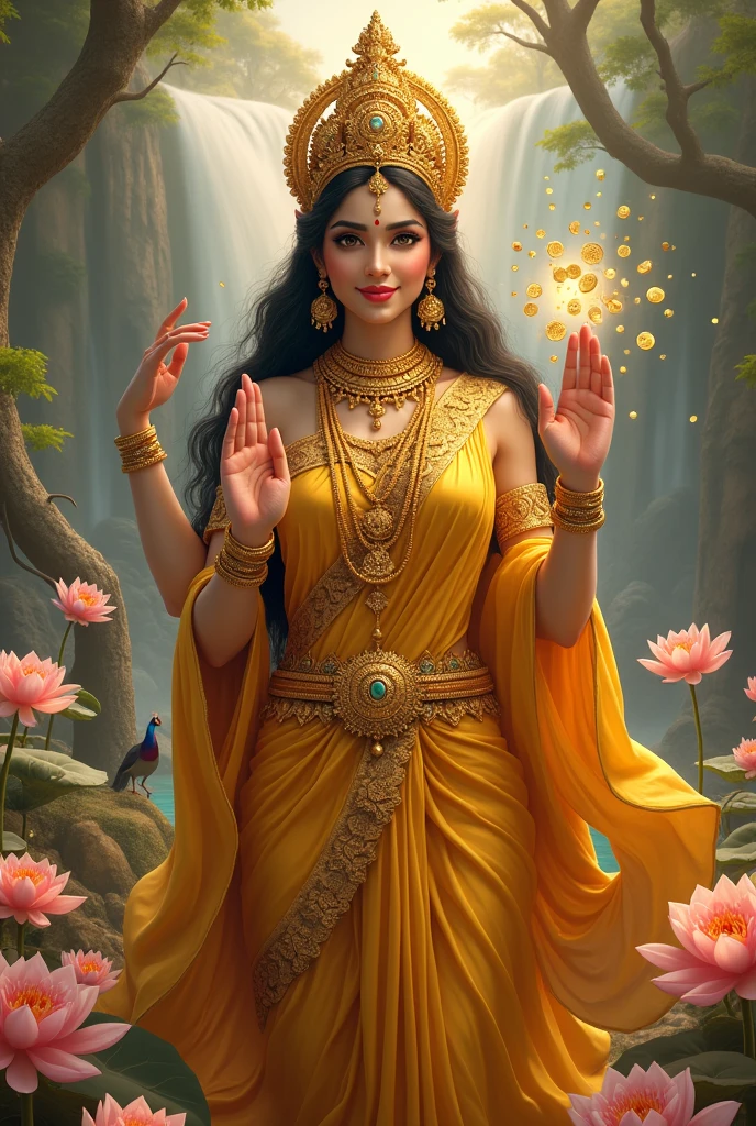 The beautiful Goddess Lakshmi in golden silk adorned with gold ...