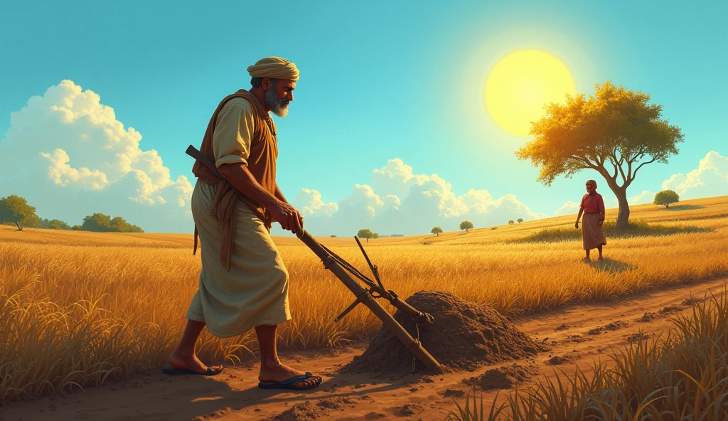 Faiz is plowing the fields under the bright sun. Sweat drips from his ...