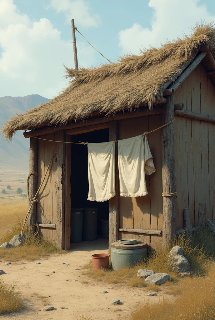 Poor hut with drying clothes - SeaArt AI