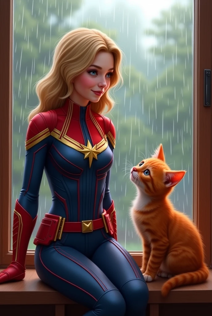 Little female captain marval and red kitten they are watching rain from ...