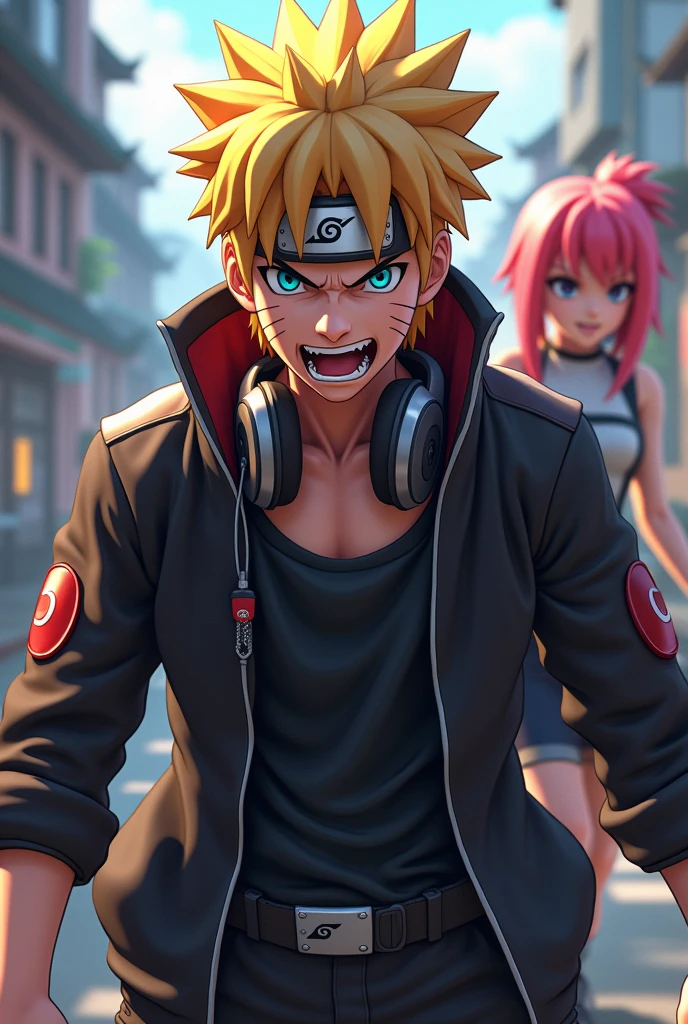 Naruto In gamer look, Japanese haircut, angry face, headphone in neck ...
