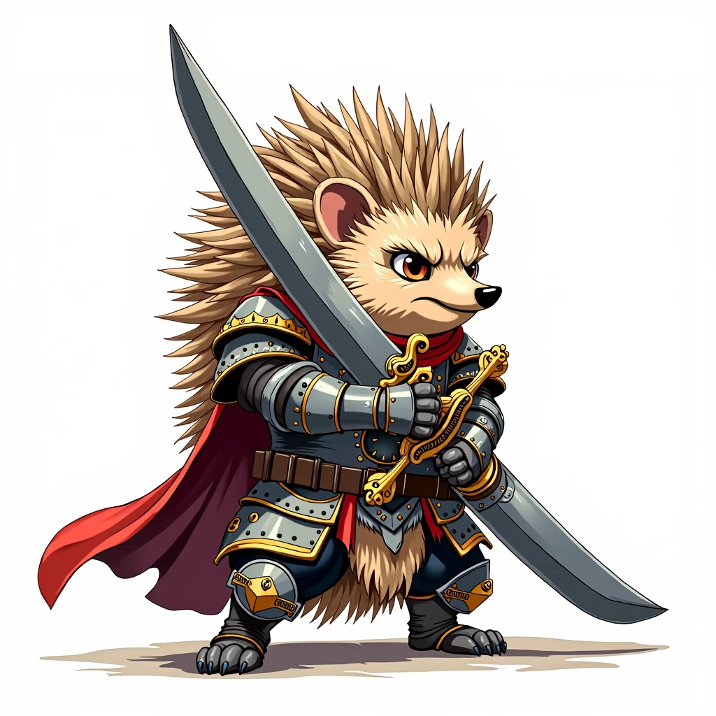 Hedgehog wearing armor He has a very big sword White background Manga ...