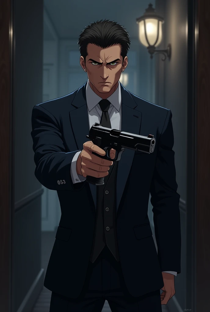 Anime mafia boss wearing a dark suit shooting a gun - SeaArt AI