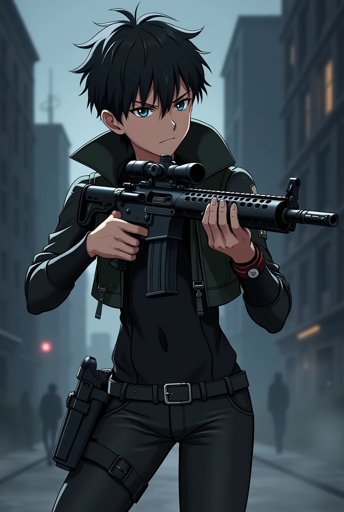 Make a anime boy with sniper gun wearing shoes looking like agent ...