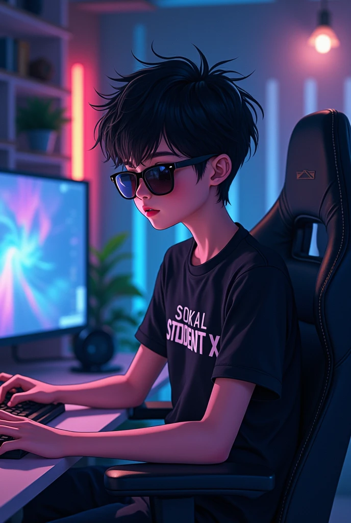 A boy siting on gaming cheir he play on his pc he comes wearing ...