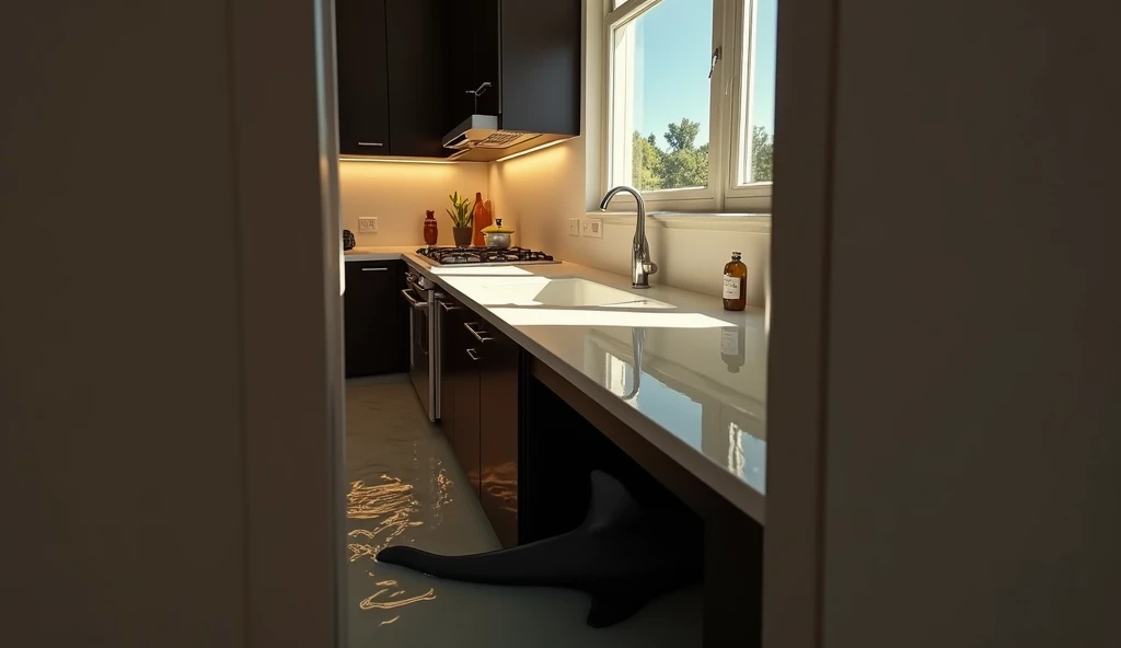 Subject: The same modern kitchen, now completely flooded. Water has ...