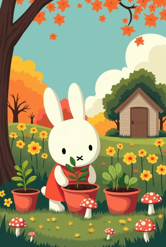 Miffy，Planting potted plants，Autumn，Lots of mushrooms in the grass ...