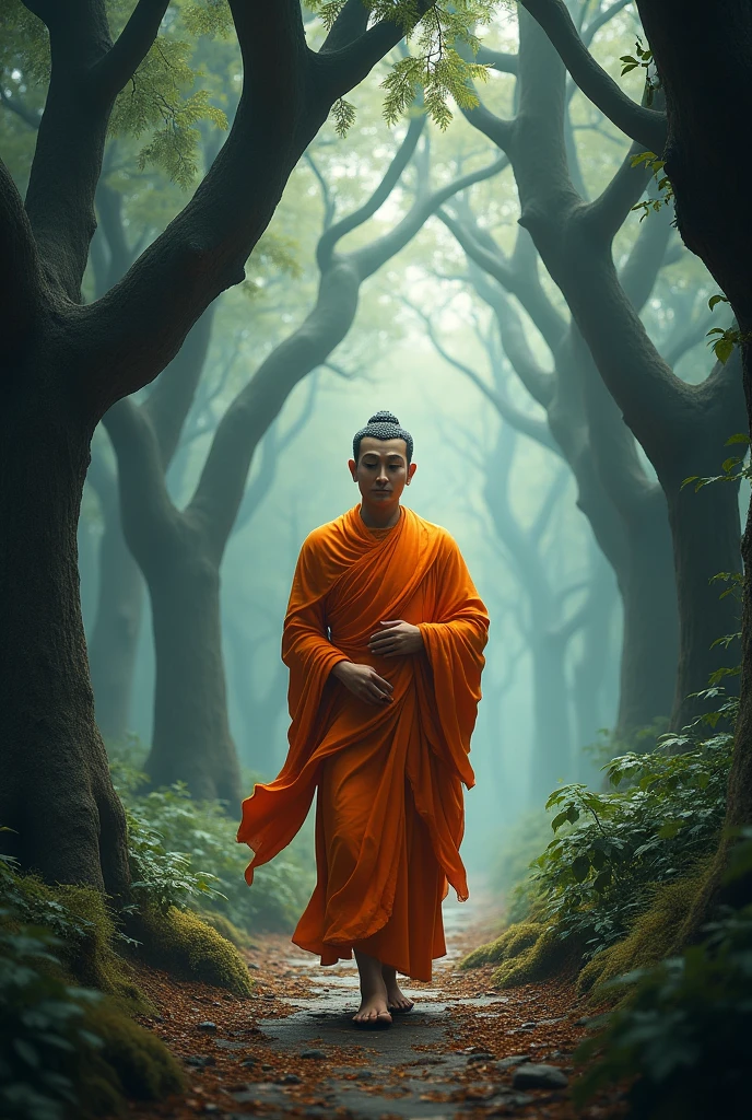 Create a realistic image of lord Buddha walking in devils forest Cloths ...