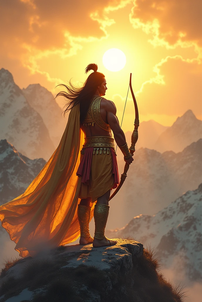 Karma standing in the top of the himalays facing to the sun show the ...