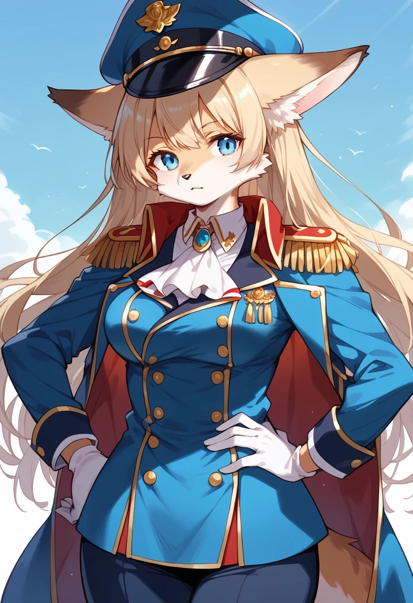 A woman in a uniform with a cat ears and a blue coat - SeaArt AI