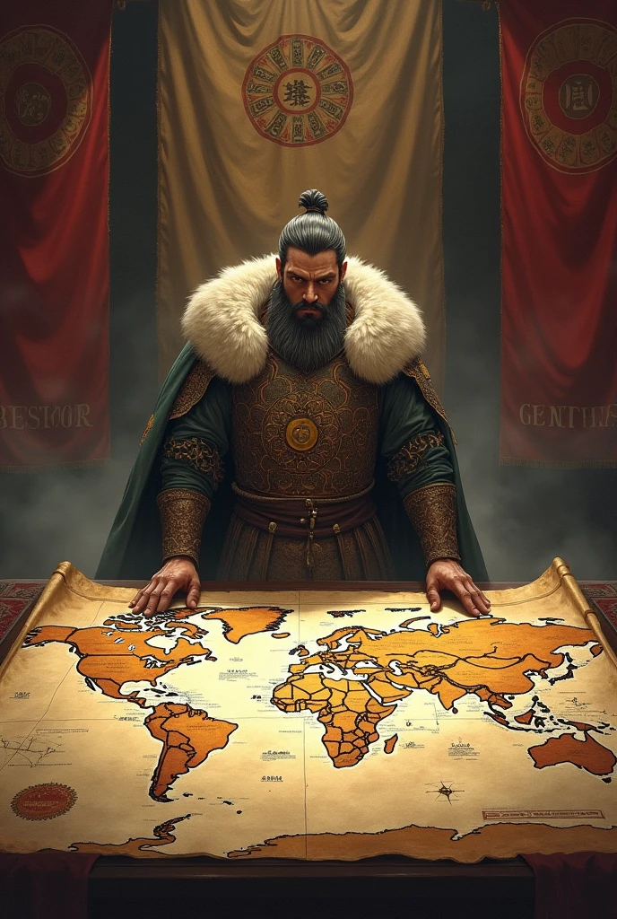 "Illustrate Genghis Khan standing over a large, ancient-style world map ...