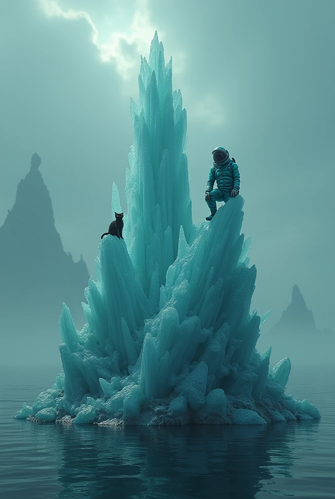 Giant, sharp ice mineral crystals rise from the center of a vast dark ...