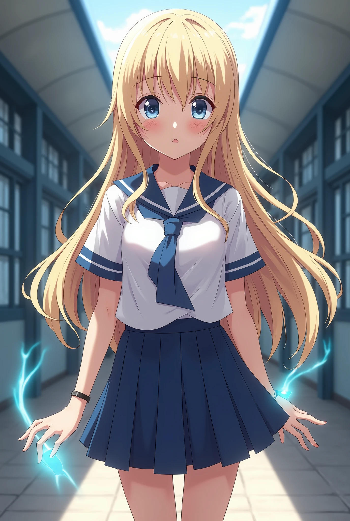 Anime girl in a school uniform standing in a hallway - SeaArt AI