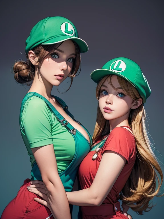 2 girls line up, (girl cosplaying as Mario and girl cosplaying as Luigi ...