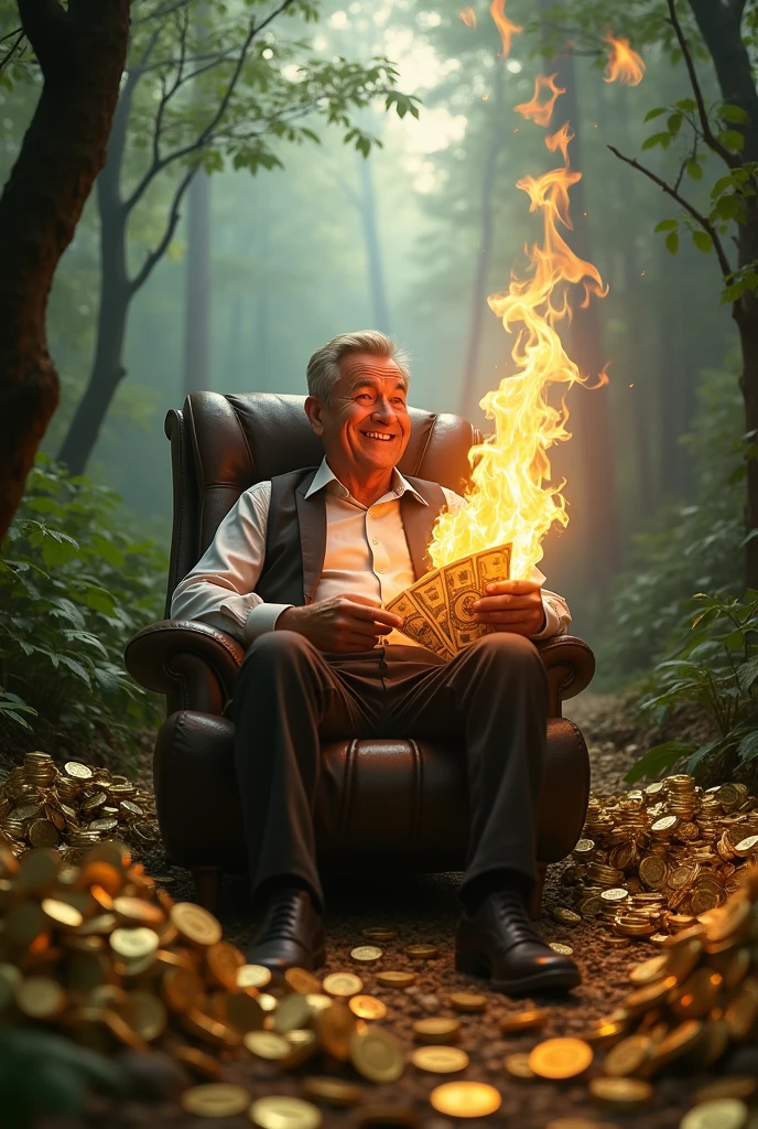 Man burning money, in forest, ocean, sitting on chair, smile - SeaArt AI