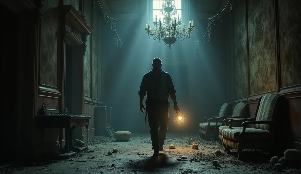 A man is wandering around inside an old mansion, wielding a torch ...