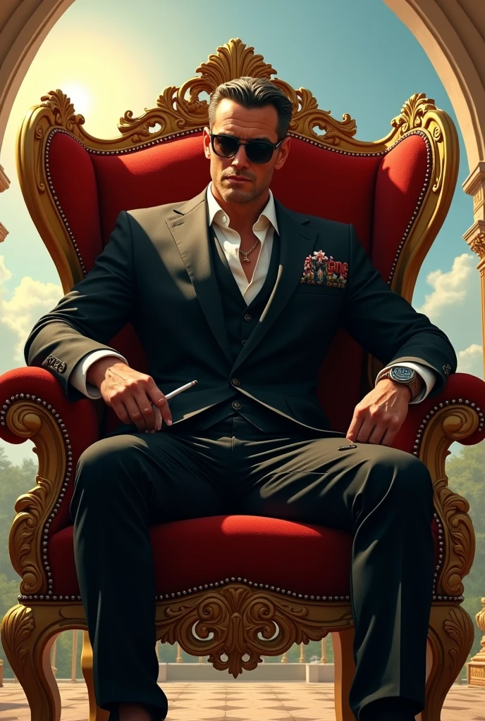 Make a image of a men setting and a chair like a king with cigarettes ...