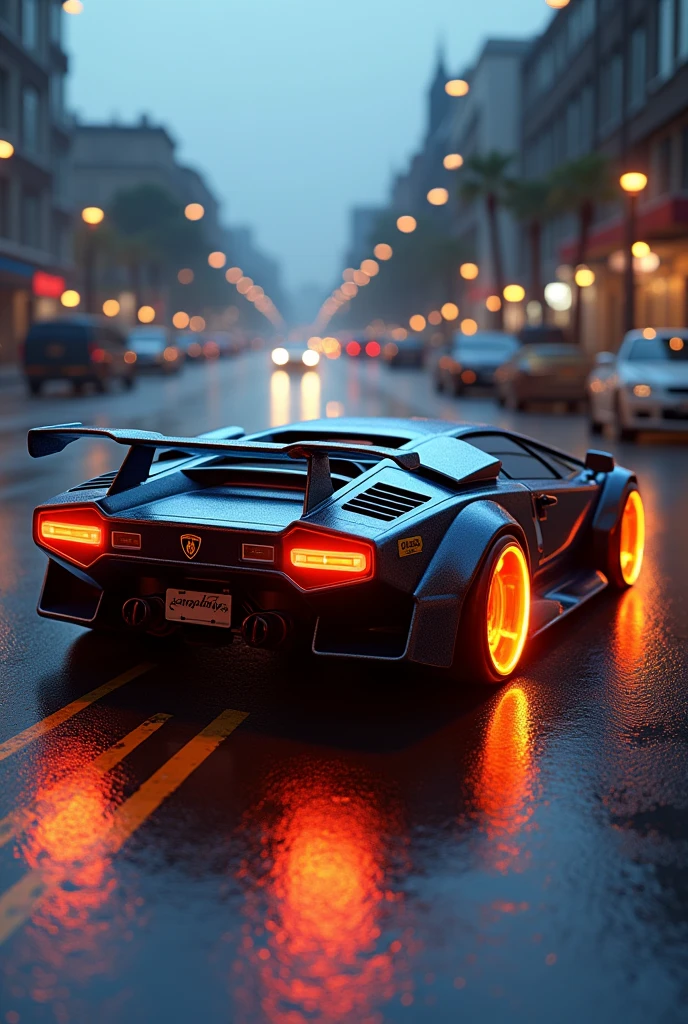 Create a realistic scene featuring a Lamborghini Countach modified with ...