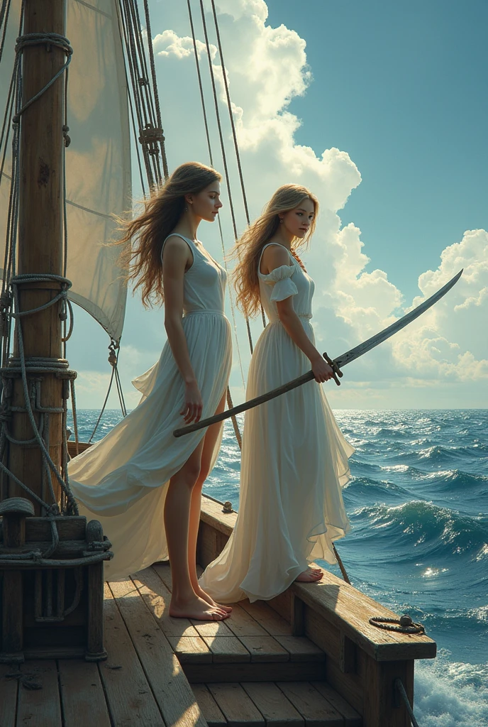 A beautiful 2 girl with a sword standing on the hull of a sailing ship ...