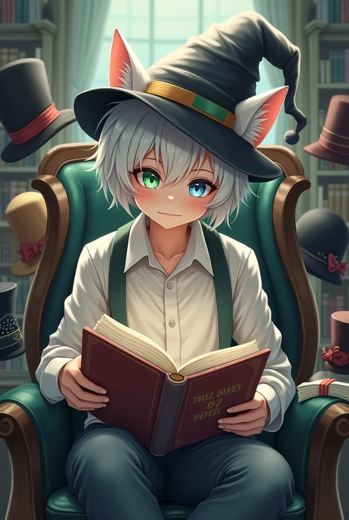 Catboy, heterochromic ,reading surrounded by hats - SeaArt AI