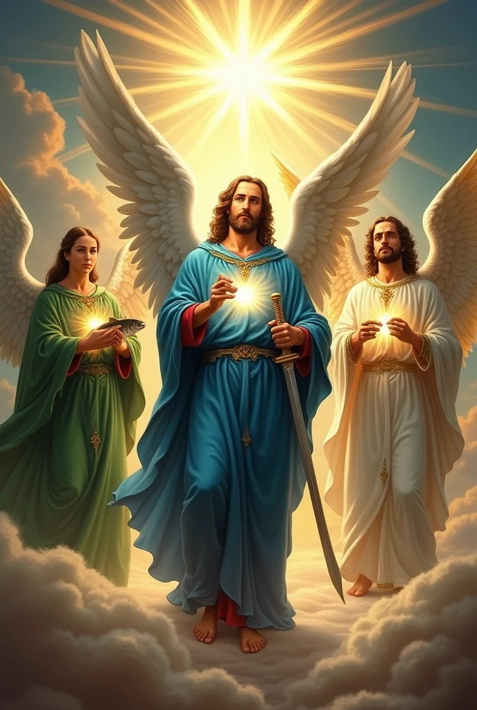 Archangel Saint Raphael with green clothes and fish in his hand - SeaArt AI