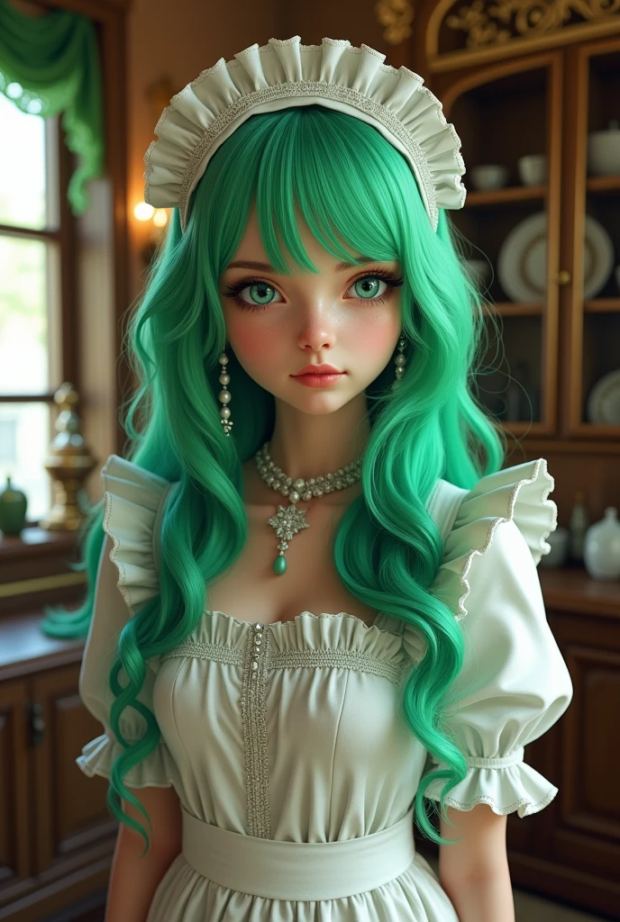 Green hair,Maid - SeaArt AI